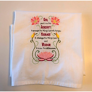 Serenity prayer embroidered flour sack tea towel, dish towel, choice of flower and large text color, machine embroidery,