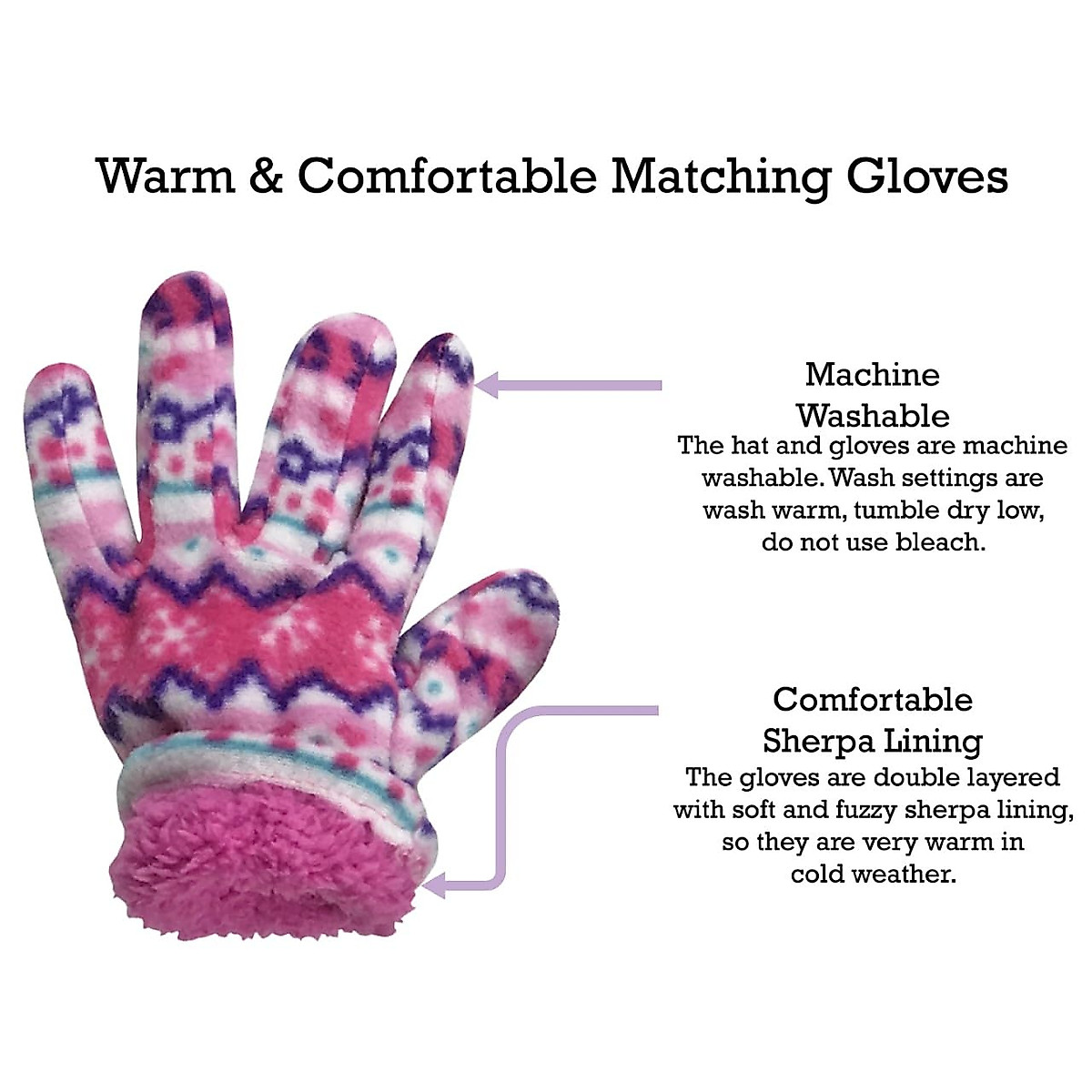 N'Ice Caps Girls Hat Gloves Set Kids Fleece Winter Warm Sherpa Lined Fair Isle (5-8 Years, Fuchsia Multicolor)