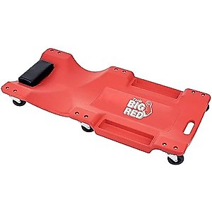BIG RED TRP6240 Torin Blow Molded Plastic Rolling Garage/Shop Creeper: 40" Mechanic Cart with Padded Headrest, Dual Tool Trays and 6 Casters, Red