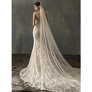 HEREAD Pearl Bride Wedding Veil White Fingertip Cathedral Bridal Tulle Veils Hair Accessories with Comb and Cut Edge (35.4“ Length)