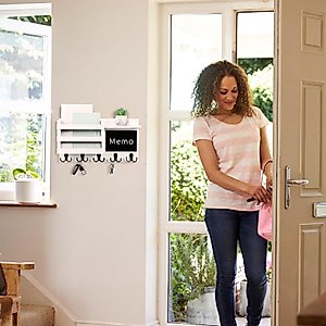 HRONRAD Key and Mail Holder for Wall, Farmhouse Wall Mounted Key Hooks with Floating Shelf,Wooden Hanging Key Organizer Storage, 5 Double Hooks and Blackboard for Entryway (White)