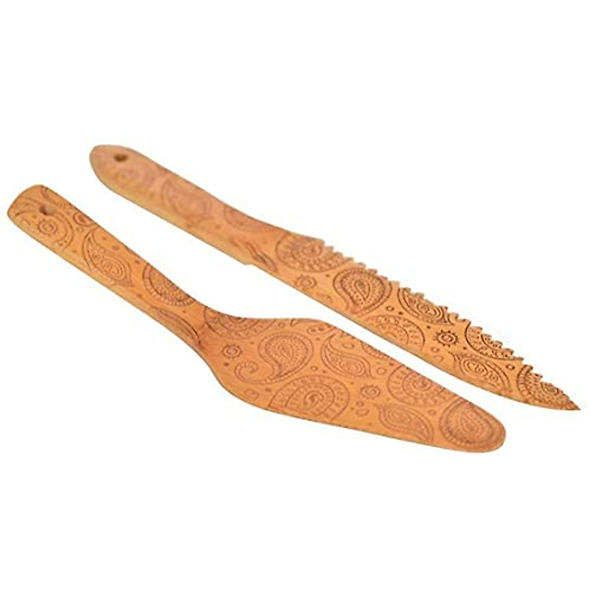 Natural Bamboo Wood Cake Knife and Serving Set, Patterned Serrated Knife and Spatula, Cake Cutting Set, Stylish and Elegant