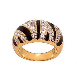 Tiger Stripe Cubic Zirconia and Black Enamel Two Tone Modified Dome Fashion Ring Size 8