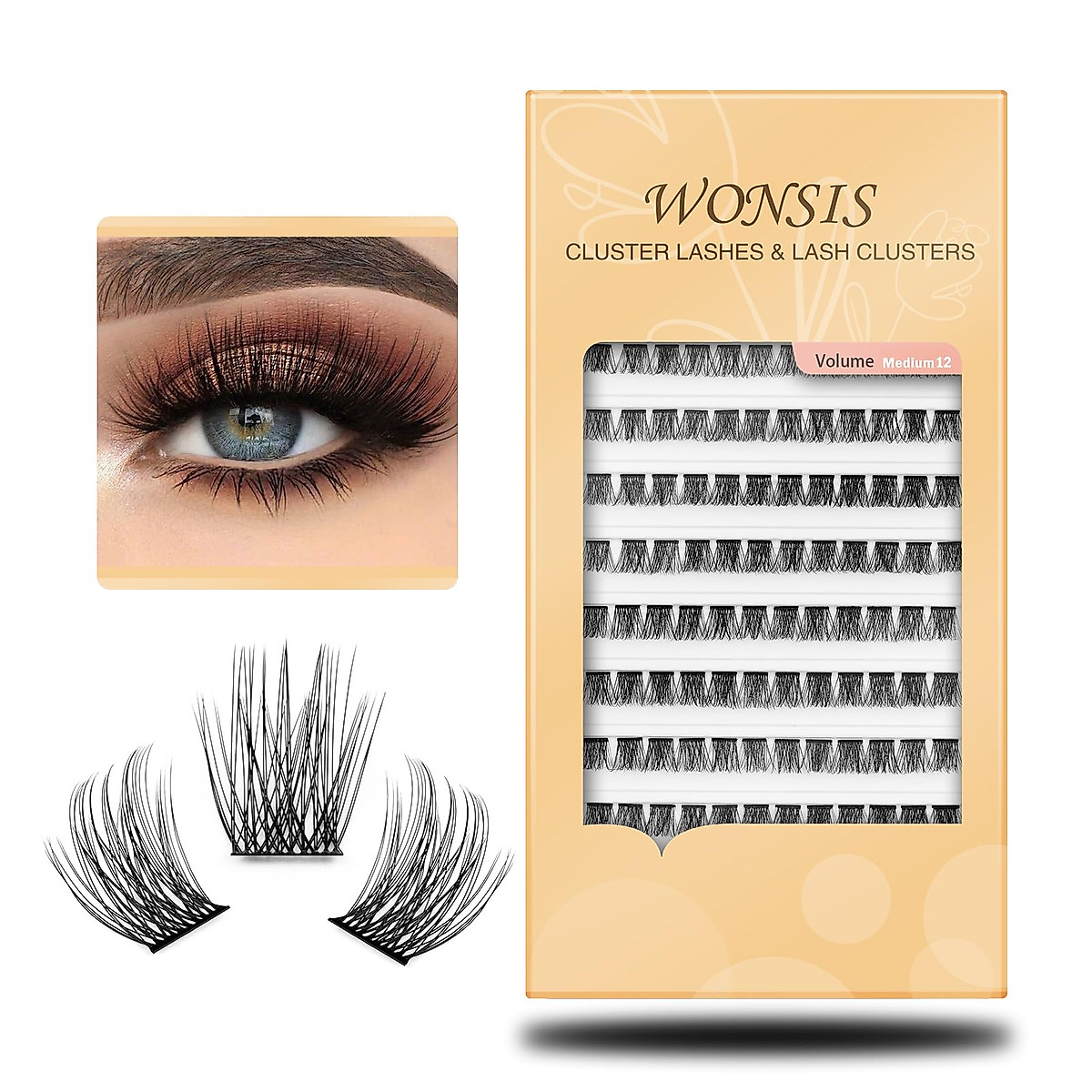 WONSIS Lash Clusters, 120 Pcs Individual Lashes Cluster, Soft and Lightweight Individual Lashes, 0.07 Thickness C Curl Synthetic Reusable Artificial DIY Lash Extension (Volume-Medium 12mm)