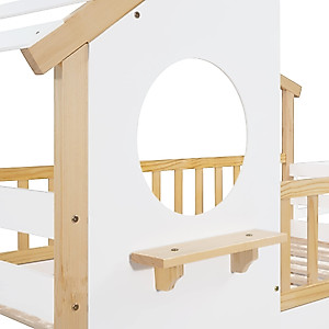 House Bed Bunk Beds with Stairs, Twin Over Twin Bunk Bed with Storage and Guard Rail, Floor Bunk Bed with Roof, Wood Bunk Bed Frame for Kids, Teens, No Box Spring Needed (Natural & White)