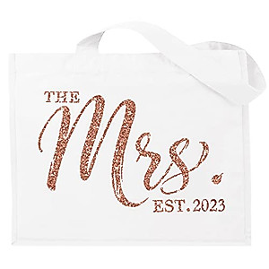 Rose Gold Bride Tote Bag - Giant Size Cotton Canvas The Mrs. Est. 2023 Rose Gold Glitter CHIC Cotton Canvas Tote Bag - Bride Kit, Bridal Gift - White Tote(Chic 2023 RsG) Wht