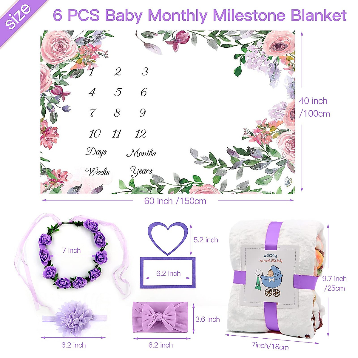 SPOKKI 6 PCS Baby Monthly Milestone Blanket Girl, 60''x40''Fleece Monthly Blanket Newborn with Headband for Photography Background Prop and Mom Nursery Shower Gift (Pink)