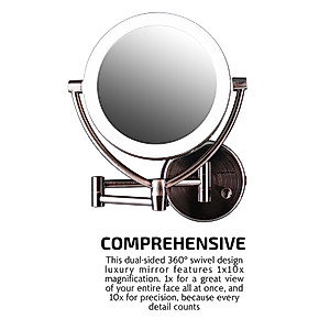 Ovente 7.5" Lighted Wall Mount Makeup Mirror, 1X & 10X Magnifier, Spinning Double Sided Round LED w/ Dimmer Switch, Extend, Retractable & Folding Arm, Battery USB Powered Antique Brass MLW75AB1X10X