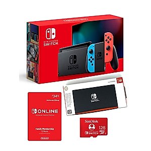 Game Bundle Nintendo Switch Bundle with 12 Month Online Family Plan /128GB SanDisk Micro SD Card/Case and Screen Protector,Red and Blue w/128GB SD/Case