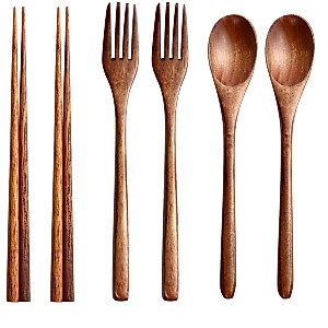 Hemoton 6 Pcs Wooden Flatware Tableware Cutlery Set Travel Utensils Wooden Fork Spoon Chopsticks Reusable Flatware Utensils for Kitchen Dinning Table