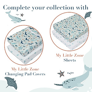 My Little Zone 100% Cotton Changing Pad Cover for Baby Boys and Girls, Nautical - Breathable Bassinet, Mini Crib Mattress Fitted Sheets - Ocean Stars, 32"x16" with 8" Deep Pocket, Teal-White, 2 Pack