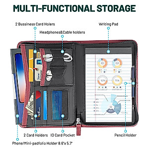 AKAYOK Padfolio for Women, Zippered Business Portfolio, Leather Padfolio Binder 5.3 x 8 inch Writing Pad, Business Portfolio Organizer, Small Padfolio with Clipboard (Red)