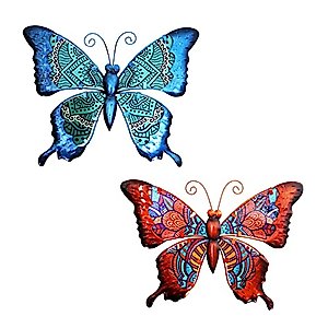 HONGLAND Metal Butterfly Wall Decor Indoor Outdoor Wall Art Metal Glass Butterfly Sculptures 2 Pack for Home Garden Fence Patio