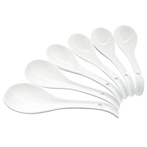 Soup Spoons, Asian Soup Spoons, Chinese Soup Spoons, Ceramic Spoons White Japanese Spoon Large for Dumpling Wonton Ramen Pho Miso, Deep Oval Hook Design, Set of 6