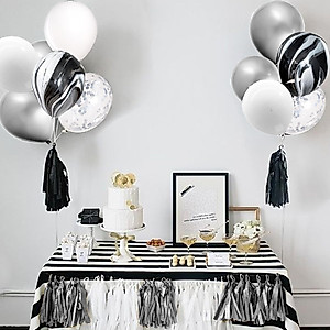 Mayen 50 Pcs 12 Inches Black Silver White Balloons Set, Black Marble Balloons, Silver Metallic and Silver Confetti Balloons, Black and Silver Birthday Party Decorations, Silver Graduation Decorations