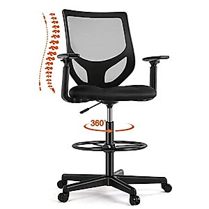 AFO Drafting Mid-Back Mesh Tall Office Stool Chairs with Armrest Adjustable Foot Ring for Standing Desk, Black