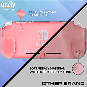 Orzly Protective Case for Switch lite, Clear Rugged Grip case with Kickstand Shock Absorption for Blue Turquoise Yellow Coral Grey - Hand Grip Transparent Edition with with Thumb Grips Included