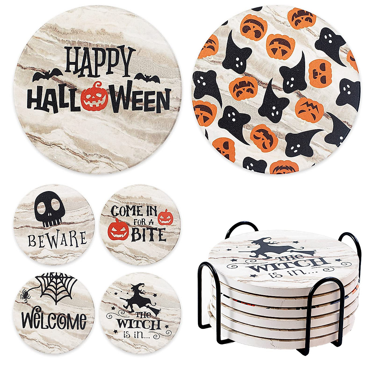 6pcs Halloween Cup Drinks Coasters with Holder,Round Absorbent Ceramic Coaster Set,Funny Drink Coasters with Cork Base for Tabletop Protection,Ideal Gift for Halloween,Housewarming,Birthday
