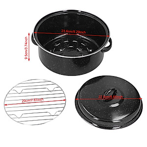 Black Enamel Roaster Pan, Roasting Pan With Lid Round Enamel Roaster Pot Nonstick Turkey Roasting Pan with Grill for Family Barbucue Steak