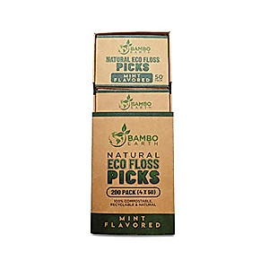 Natural Dental Floss Picks - Eco Friendly Cruelty Free & Vegan Tooth Flossers Pick Set with Biodegradable and Compostable BPA Free Handle & Zero Waste Packaging - 200 Pack (Mint Flavored)