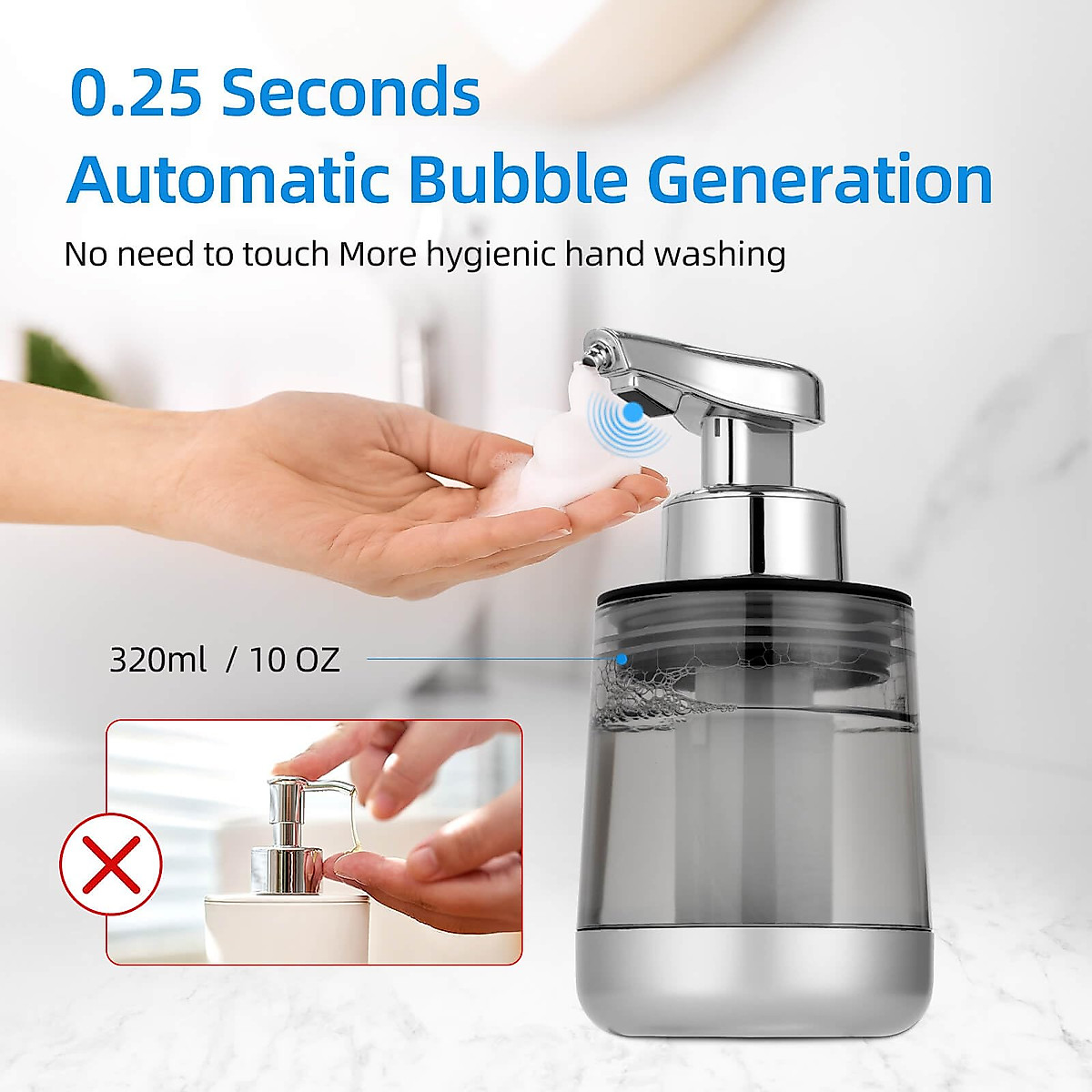 Automatic Soap Dispenser Touchless: 10oz Foaming Soap Dispenser, Hand Free Soap Dispenser Rechargeable Soap Dispenser, for Bathroom, Kitchen, Hotel…