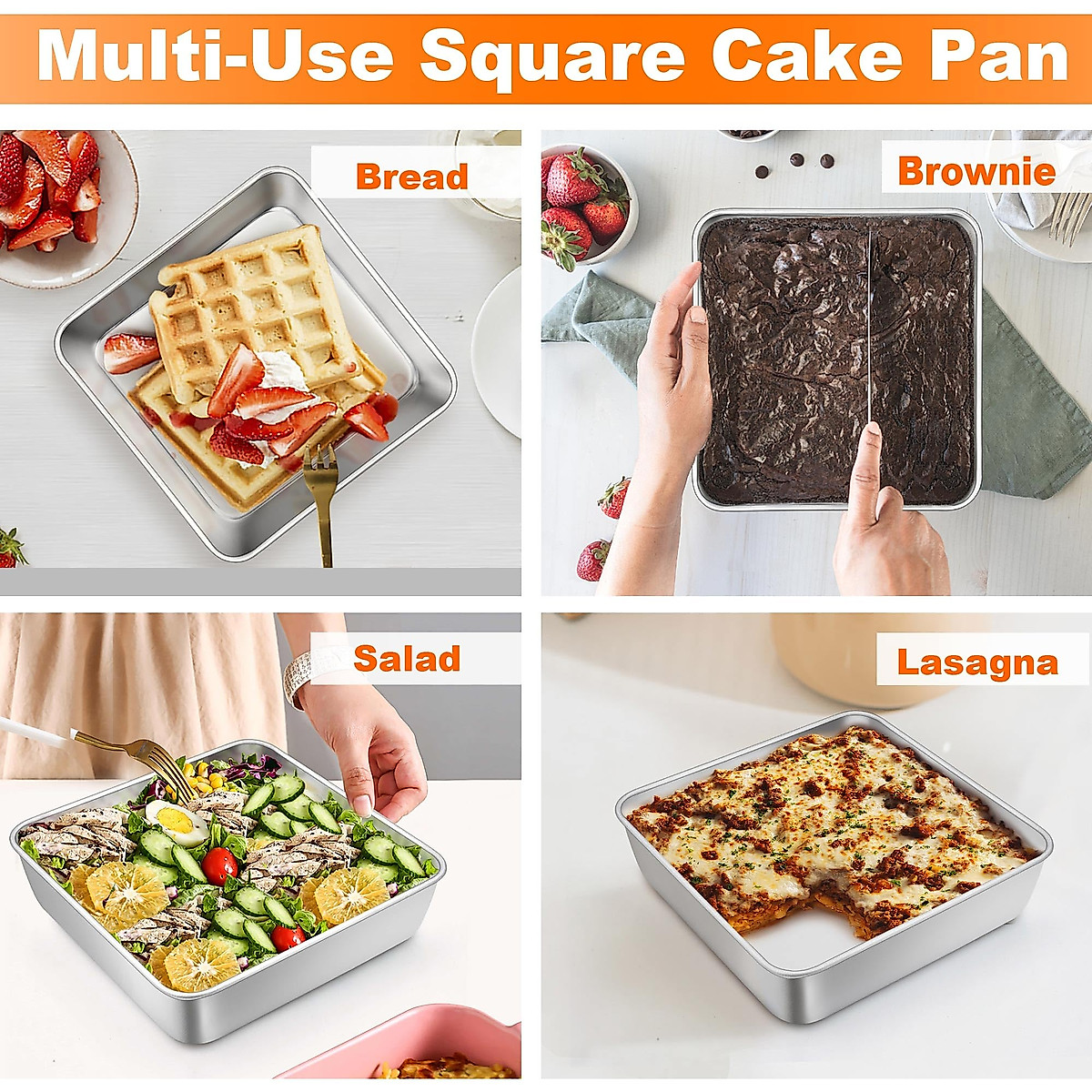TeamFar 6 Inch Square Cake Pan, Stainless Steel Square Baking Pan for Lasagna Cake Brownie, Healthy & Heavy Duty, Dishwasher Safe & Easy Clean, Brushed Surface & Smooth Edge, Set of 2