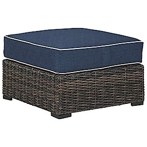 Signature Design by Ashley Grasson Lane Outdoor Patio Upholstered Ottoman with Wicker Base, Blue
