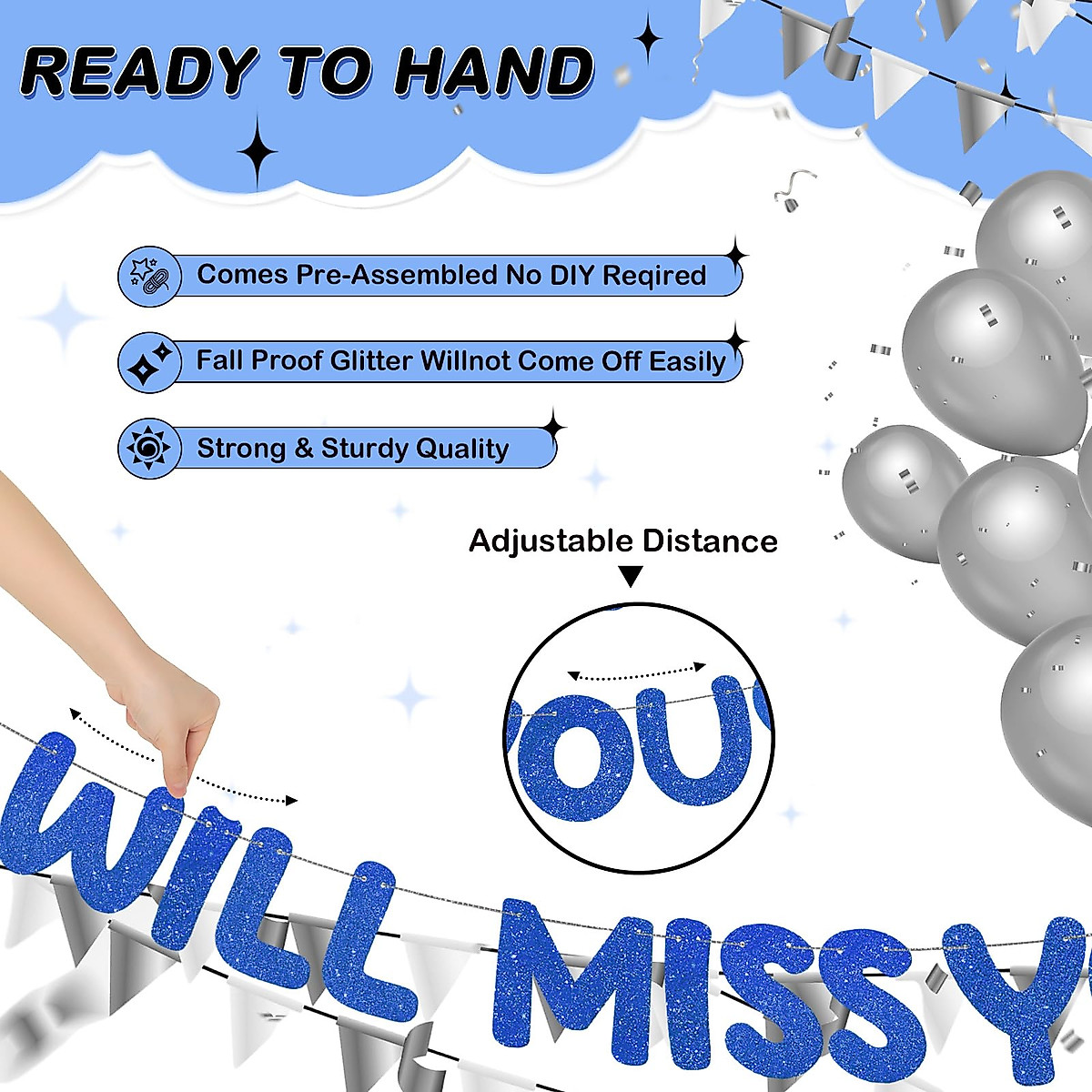 Fulmoon Pre Strung We Will Miss You Banner Glitter Bunting Graduation Retirement Party Decorations 8.2 ft Goodbye Decorations for Going Away Farewell Army Decorations Party Supplie(Navy Blue)