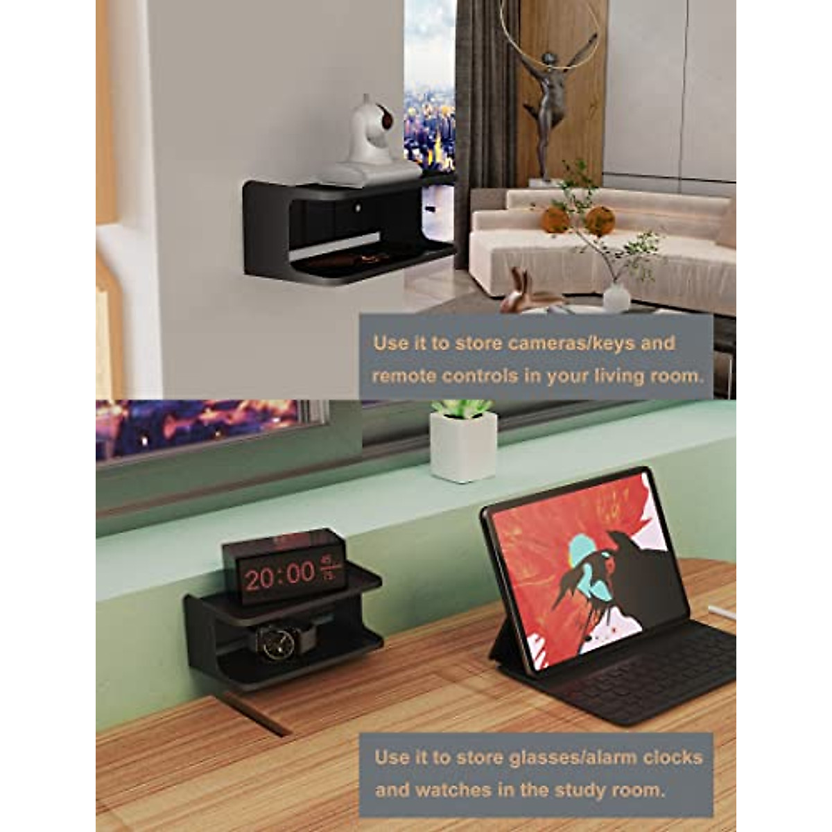 NOTMBESTM Bedside Wall Shelf Organizer Small Bedside Shelf Wall Mount for Bed Universal Stick on Wall Shelf Double Tray Holder for Storing Cellphone, Glasses, Keys, Camera, Alarm Clock (Black)