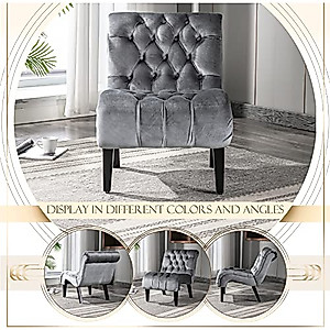 Velvet Accent Lounge Chair for Living Room, Modern Leisure Chair with Tufted Backrest, Indoor Armless Side Chair, Upholstered Bedroom Sleeper Chair with Solid Wood Legs, Grey