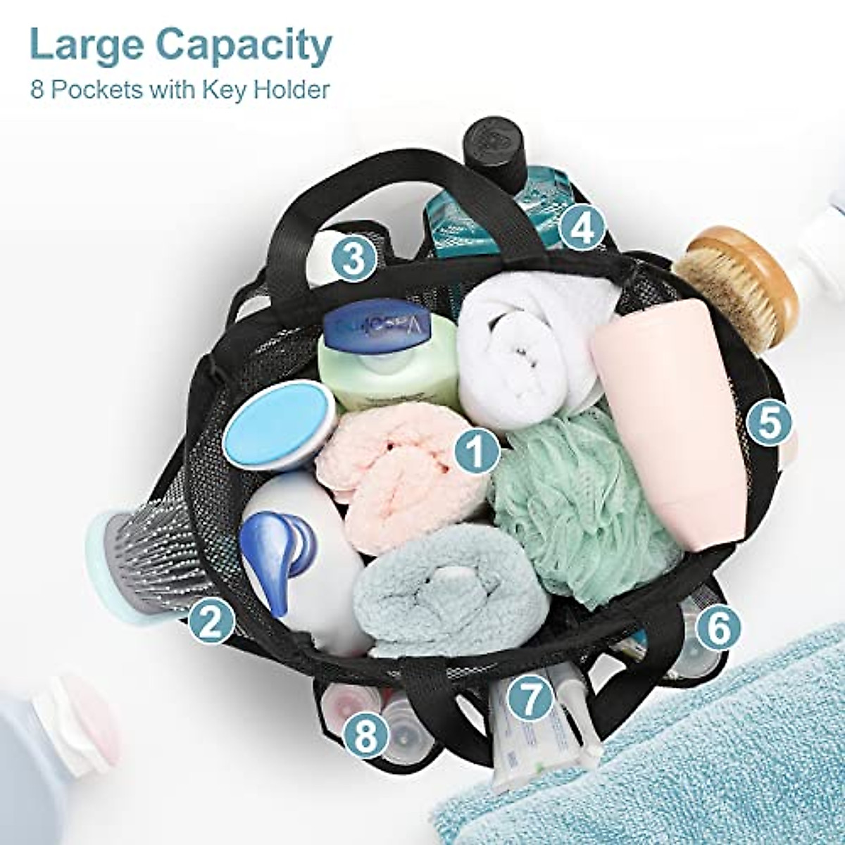 GSlife Mesh Shower Caddy Portable, Shower Caddy Quick Dry Hanging Shower Bag for College Dorm Essentials, 8 Pockets Deeper Bath Shower Caddy Basket for Bathroom Camp Gym Swim Travel Outdoor, Black