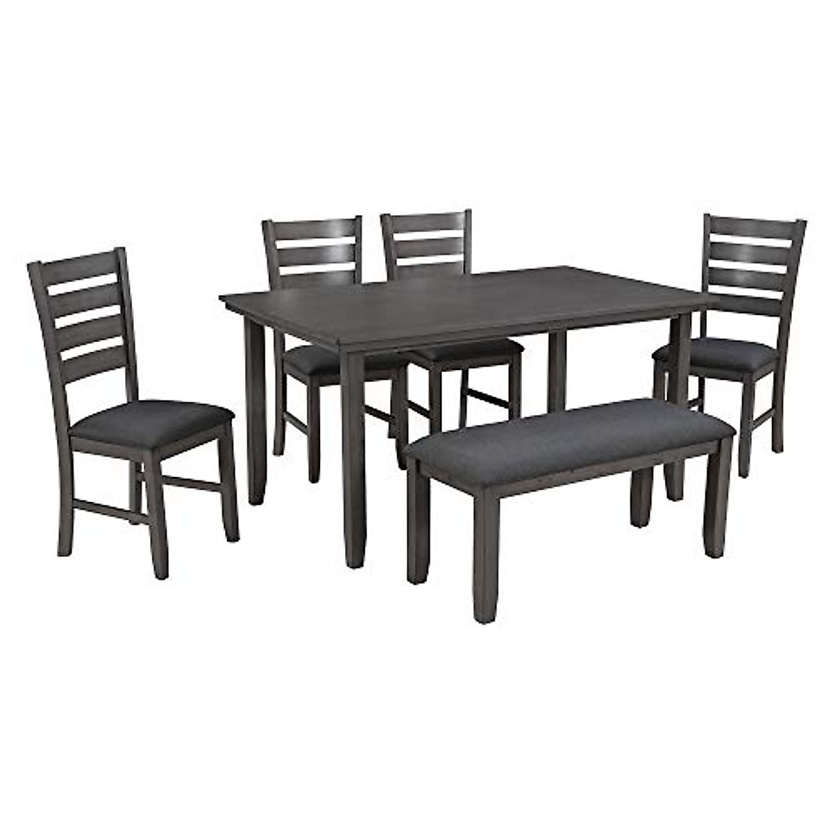 KoiHome 6-Pieces Rustic, Solid Wood Set with Rectangular Table & 4 Chairs and Bench with Cushion for Dining Room, Distressed Finish, Industrial Style, Set of 6 (Gray), Gray2
