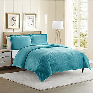Hearth & Harbor Premium Flannel Duvet Cover Set - 3 PC Reversible King Comforter Cover Set with Microfiber Back - 1 Velvet Duvet Cover King & 2 Pillow Shams 104 x 90 inches - Teal