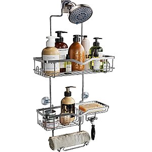 Amada Hanging Shower Caddy, Shower Caddy Over Shower Head, Rustproof Stainless Steel Shower Organizer with Soap Holder & Hooks, Shower Rack for Shampoo, Sponges, Towels, No Drilling Required, Silver
