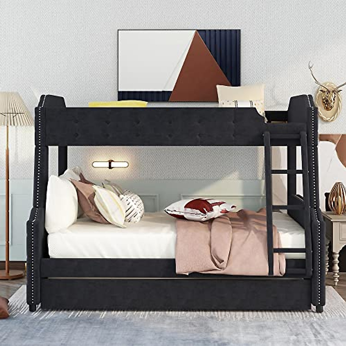 DEYOBED Twin Over Full Velvet Upholstered Bunk Bed with Trundle and Ladder, Tufted Button Design Wooden Bed Frame for Kids Teens Bedroom, Space Saving, Black
