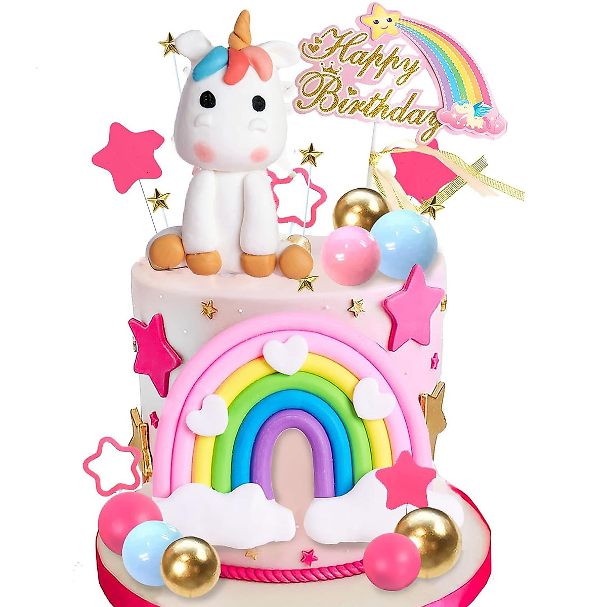 29 PCS Unicorn Cake Topper, Unicorn Cake Decorations with Rainbow Stars Unicorn Balls Happy Birthday Cake Decorations for Boys Girls Kids Birthday Party Baby Shower Supplies