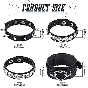 4 Pieces Goth Bracelets for Women Punk Leather Bracelet Punk Rock Accessories Spike Bracelet Gothic Spike Rivet Cuff Bracelet Adjustable Goth Cuff Wristband Metal Studded Buckle Wristband