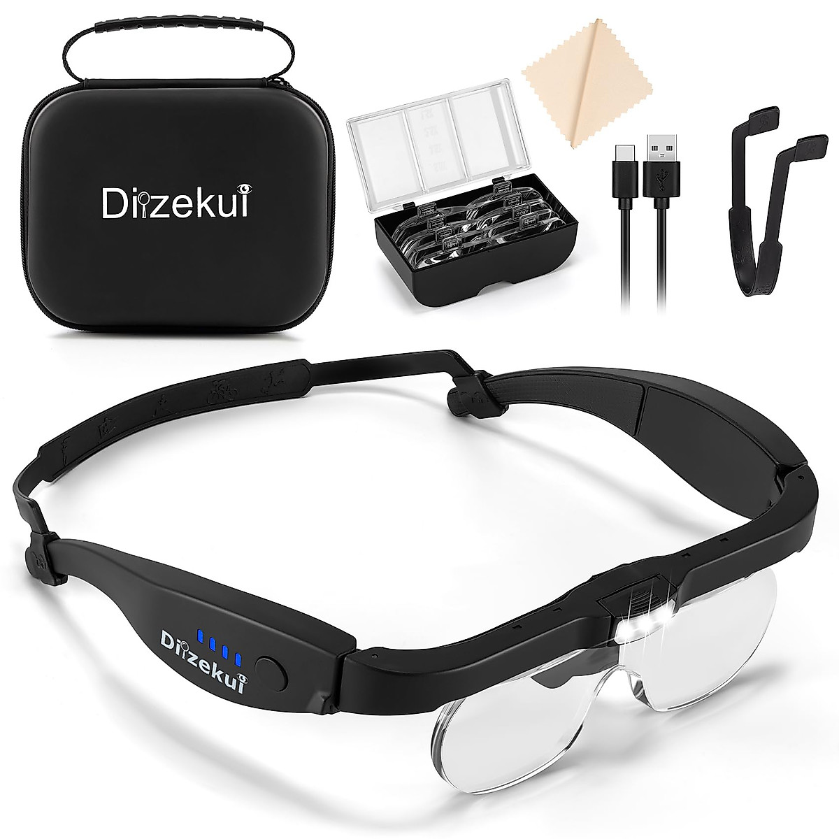 Dilzekui Magnifying Glass with Light 1.5X to 5.0X, Rechargeable Magnifying Glasses Head Magnifier, Lighted Magnifying Glass with Carry Case, 4 Lenses, Magnifying Headset for Close Work Crafts Jewelry