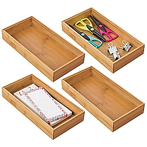 mDesign Wooden Bamboo Drawer Organizer for Office - 12" Long Stackable Storage Box Tray for Desk Drawers/Cabinet - Junk Drawer and Accessories Organization - Echo Collection - 4 Pack - Natural Wood