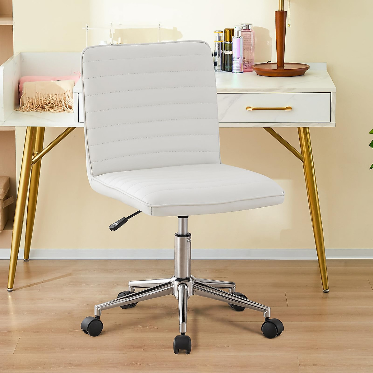 Furnimart Faux Leather Mid-Back Armless Office Desk Chair Adjustable Task Chair Home Office Chair Small Swivel Chair Dorm Chair with Smooth Casters (PU White)