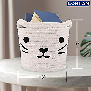 8''X7'' Small Baby Hamper White Cotton Rope Basket | LONTAN Washable Baby Nursery Hamper Cute Cat Design Baby Gift Basket Collapsible Organizer for Snacks, Pen
