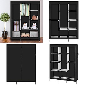 yimingli Portable Clothes Wardrobe Closet Storage Organizer Shelf with Non-Woven Fabric and Hanging Rod(71 inch Black)