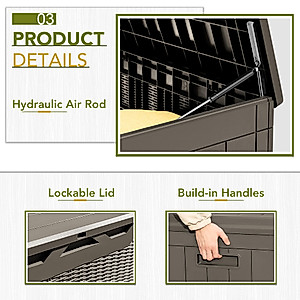 GUNJI 100 Gallon Resin Deck Box with Cushion,Outdoor Weatherproof Large Storage Box,Lockable Storage Container for Patio Furniture,Garden Tools,Pool Supplies (Light Brown)