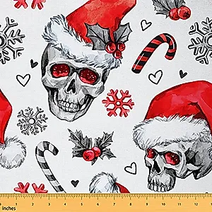 Sugar Skull Fabric by The Yard, Xmas Upholstery Fabric, Christmas Snowflake Candy Canes Decor Fabric, Leaves Heart Pattern Indoor Outdoor Fabric, Gothic DIY Art Waterproof Fabric, Red Grey, 2 Yards