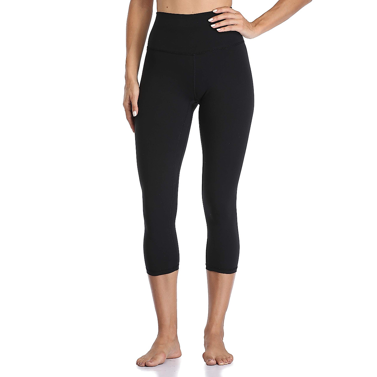 YUNOGA Women's Buttery Soft 21" Inseam Yoga Pants, High Waisted Tummy Control Workout Running Capri Leggings (L, Black)