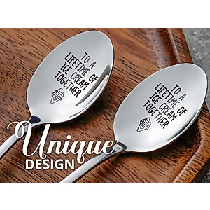Engraved Ice Cream Spoon Gifts for Couple on Anniversary, 2 Pcs Personalized Coffee Spoon Stainless Steel, To a Lifetime of Ice Cream Together, Couple Gifts for Him and Her on Valentines Day