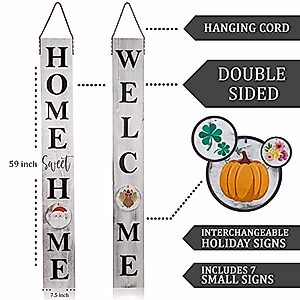 Farmhouse Welcome Sign For Seasonal Front Door Decoration - Double Sided 5 ft Tall Sign w/ 10 Elements Enhances Your Christmas Decor - Standing/Hanging Sign Adds The Perfect Touch To Your Porch