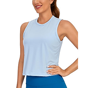 CRZ YOGA Pima Cotton Cropped Tank Tops for Women Soft High Neck Crop Workout Top Athletic Yoga Basic Sleeveless Shirts Blue Linen Medium