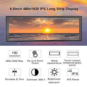 LESOWN 8.8 inch Wide Touch Screen Monitor LCD Display, 480x1920 LCD Monitor bar LCD Display Ultra Wide Screen Monitor for Windows Rpi4