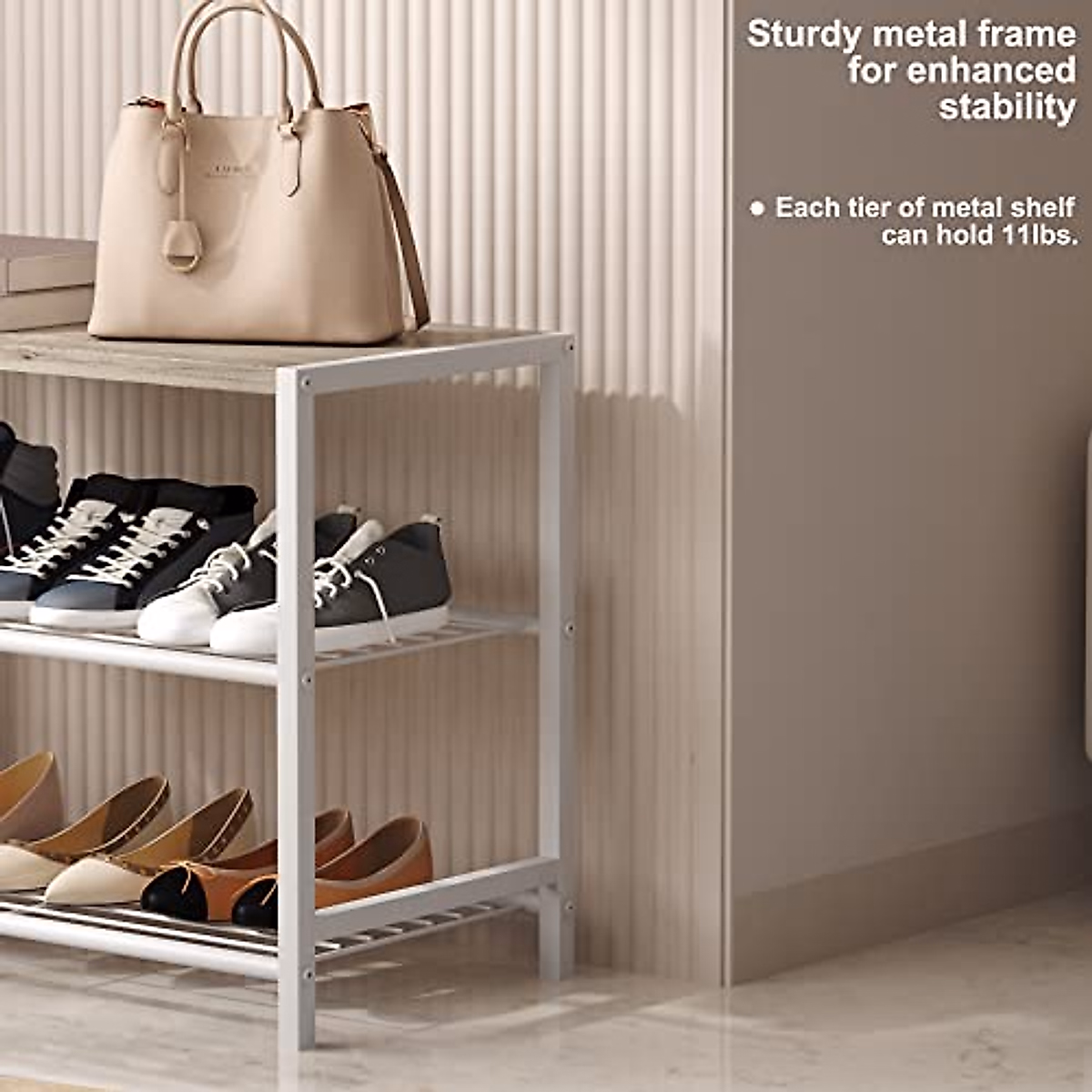 HOMEFORT 3-Tier Shoe Rack, Shoe Storage Shelf, Industrial Shoe Tower, Narrow Shoe Organizer for Closet Entryway, Small Shoe Rack Table with Durable Metal Shelves, White Oak